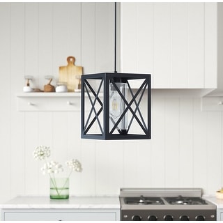 Modern 1-Light Black Rectangle Iron Frame Pendant - Bed Bath & Beyond ...