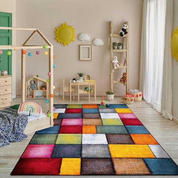 Colorful Living Room Rug with geometric Squares, Multi-Colored - On ...