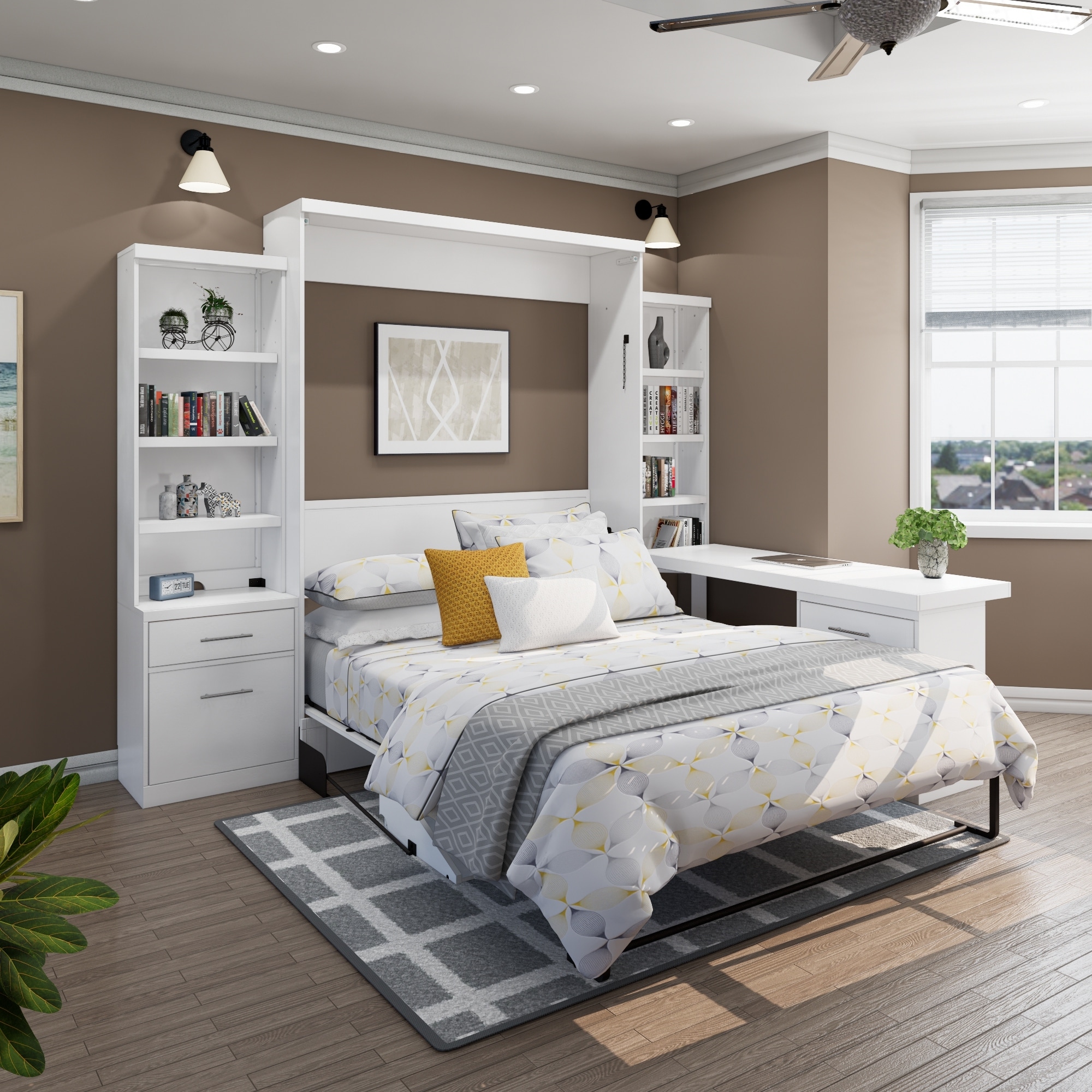 Brentwood Queen Murphy Desk-Bed with Pier and Pedestal Desk with Hutch ...