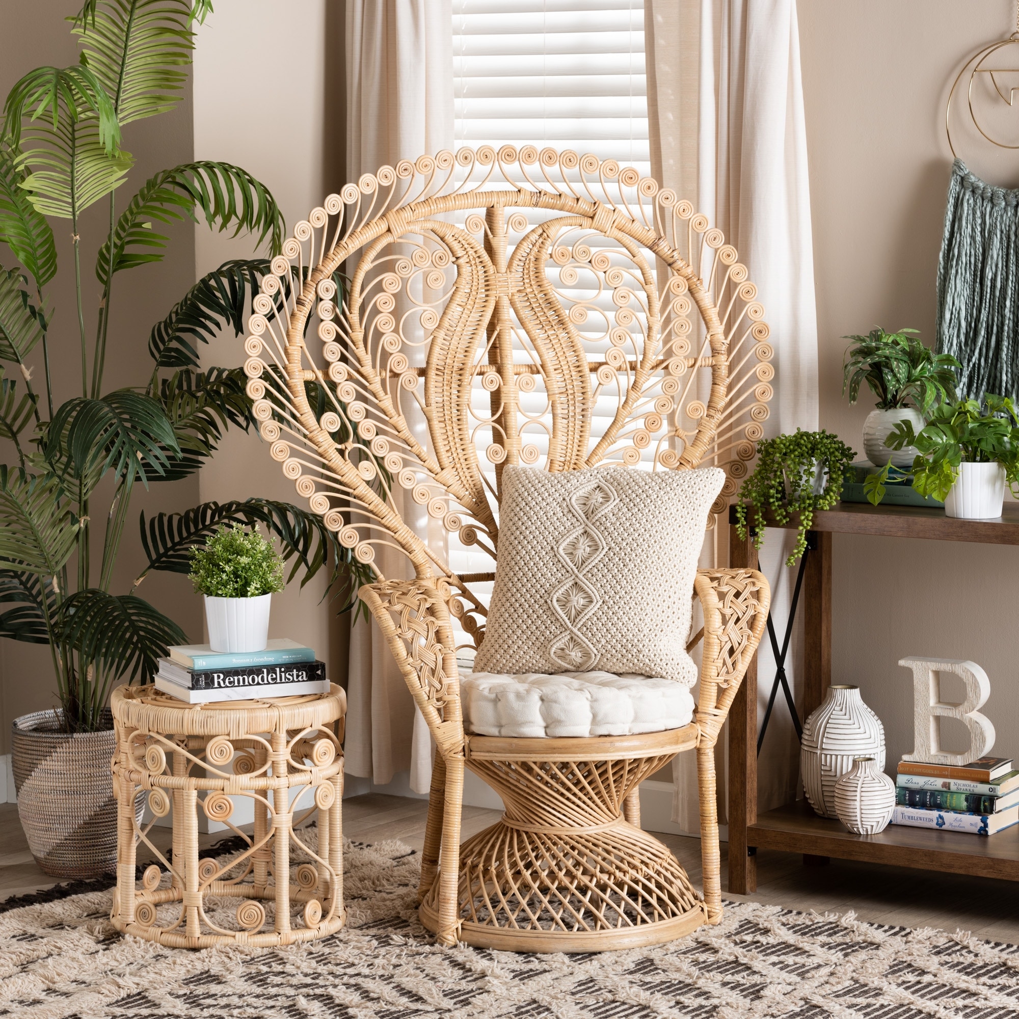 Fedra Modern Bohemian Natural Brown Rattan Peacock Accent Chair White Natural Brown