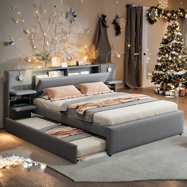 Queen Size Upholstered Platform Bed Flip Up Storage Headboard Bed with Reading Lights Trundle and Drawers Gray