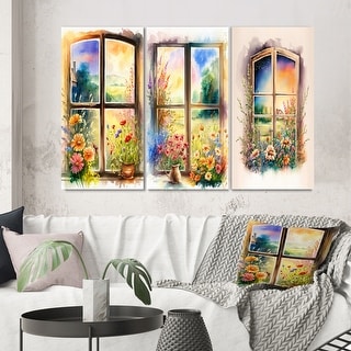 Designart "Summer Sunset Floral Window IV" Farm Windows Wall Art Set Of ...