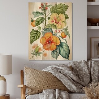 Designart 'Blossiming Yellow Retro Hibiscus I' Floral Hibiscus Wood ...