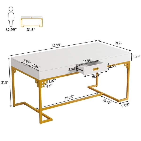 Executive Desk, 63” W x 31.5” D Large Office Desk, White and Gold - Bed ...