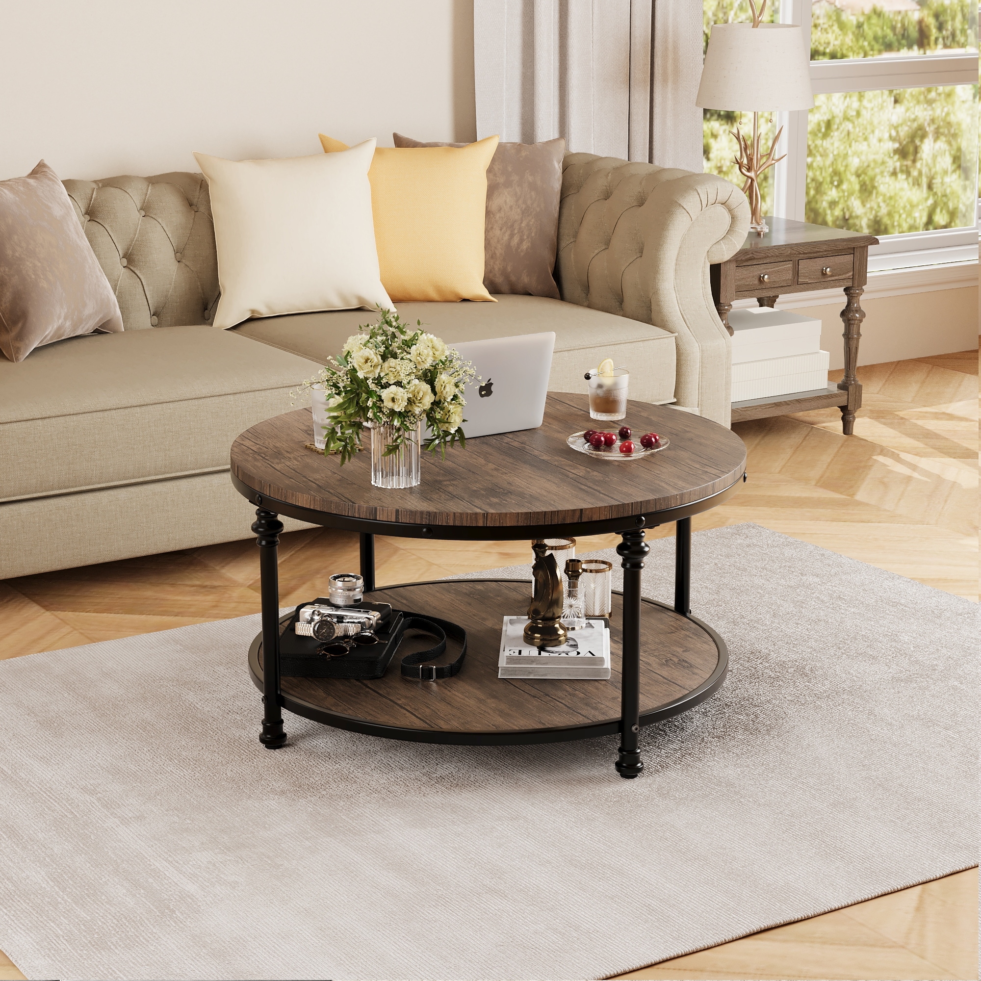 Rustic round coffee table with storage store