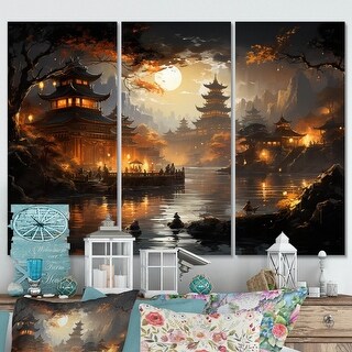 Designart "China Art Golden Temple II" Chinese Canvas Wall Art Set ...