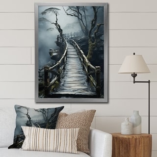 Designart "Grey Bridge Tranquil Passage Slate" Bridges Framed Wall Art ...