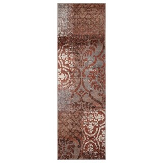 8' Rust And Gray Damask Distressed Stain Resistant Runner Rug - 3'6 ...
