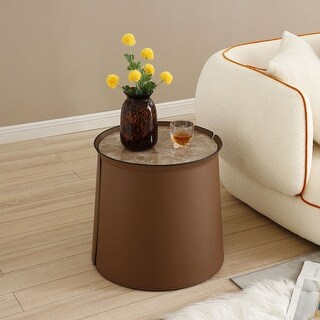 Saddle Leather Coffee Table Iron Art Side Table with Marble Top, Brown ...