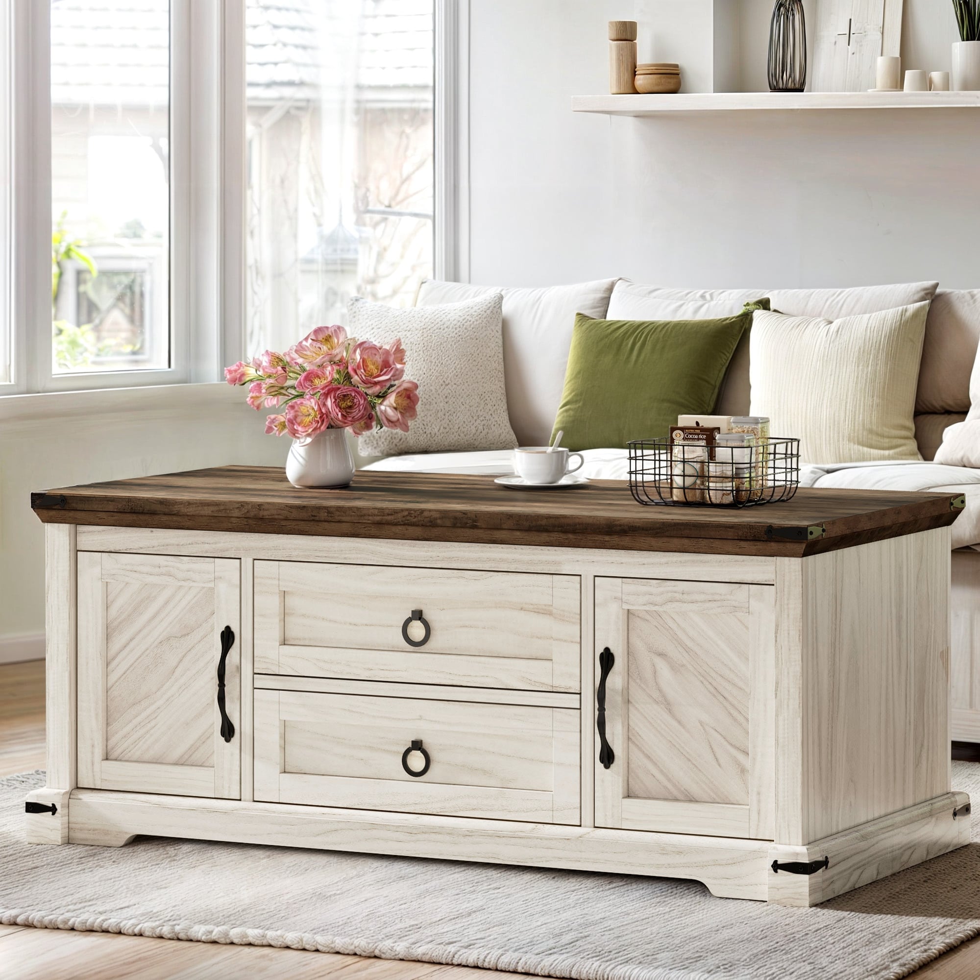 Moasis Lift Top Coffee Table with Hidden Storage and Shelves Farmhouse ...