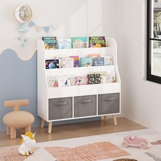 Kids Bookshelf with 3 Fabric Storage Bins, White Wooden Book Display ...