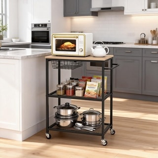 Kitchen Rolling Cart with Lockable Wheels, 3-Tier Microwave Stand ...