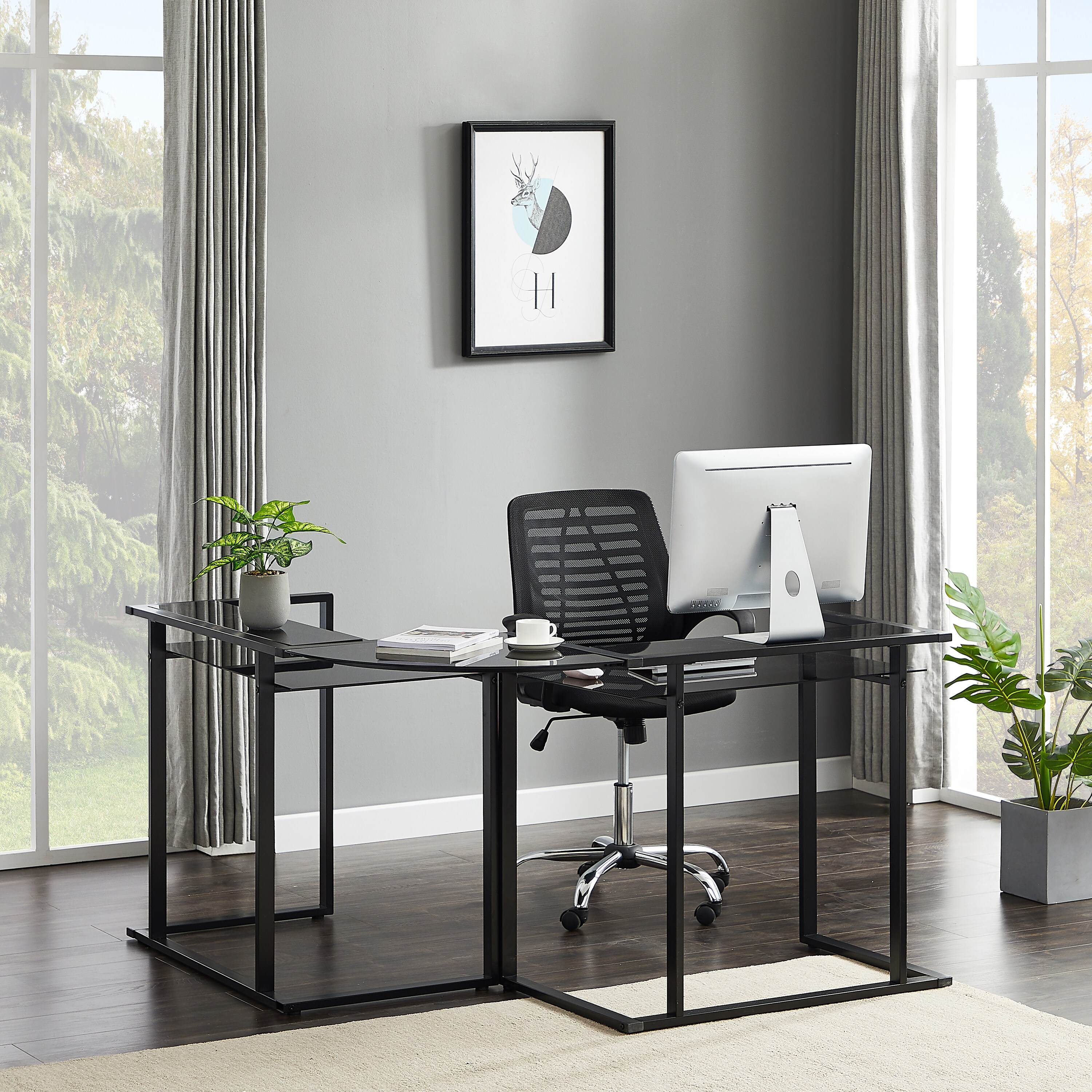L Shaped Glass Desk 56 Home Office Computer Desk with Shelf Round Corner Glass Workstation Desk for Home Office Black Bed Bath Beyond 36261964