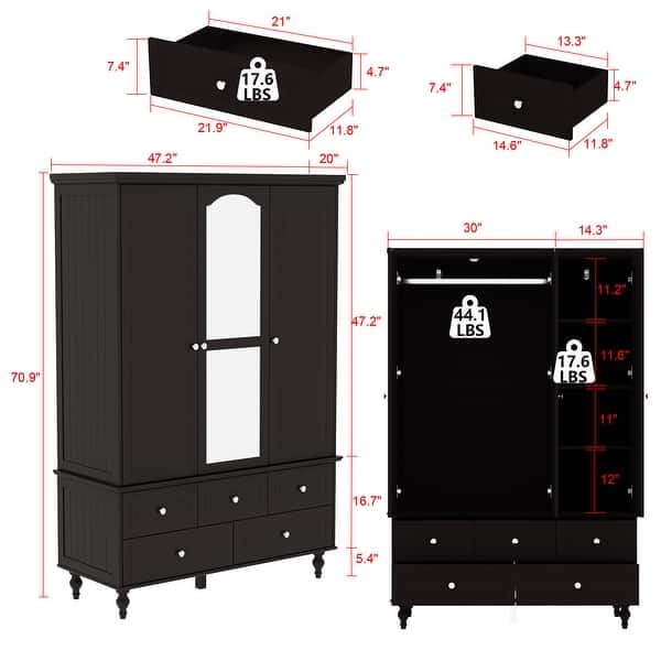 70.9"H Lacquered Wardrobe Armoires Wooden Closet with Mirror Door - Bed ...