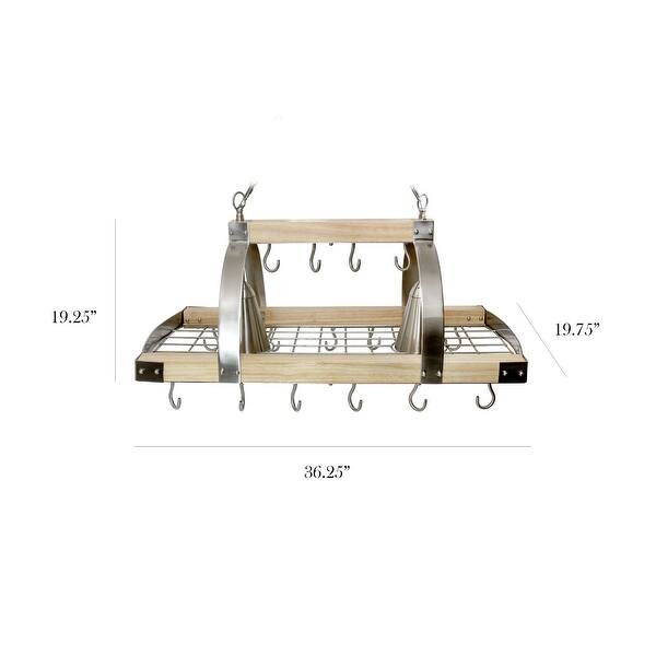 2-Light Wooden Kitchen Pot Rack with Downlights - 36.25" - Brushed ...