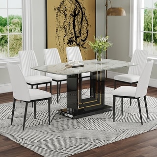 7-Piece Modern Dining Table Set with Glass Rectangular Dining Room Table with U-shaped Table ...