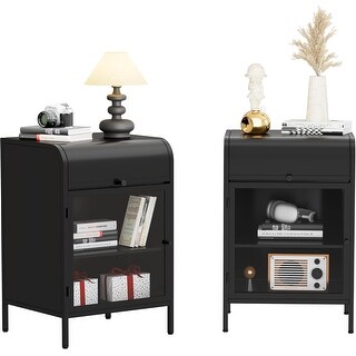 Set of 2 Modern Metal End Tables with Glass Door, 2-Tier Nightstands ...