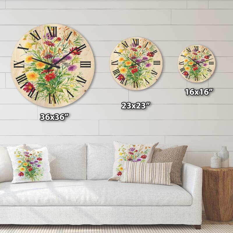 Designart 'Colorful Wildflowers In Nature' Farmhouse Wood Wall Clock ...