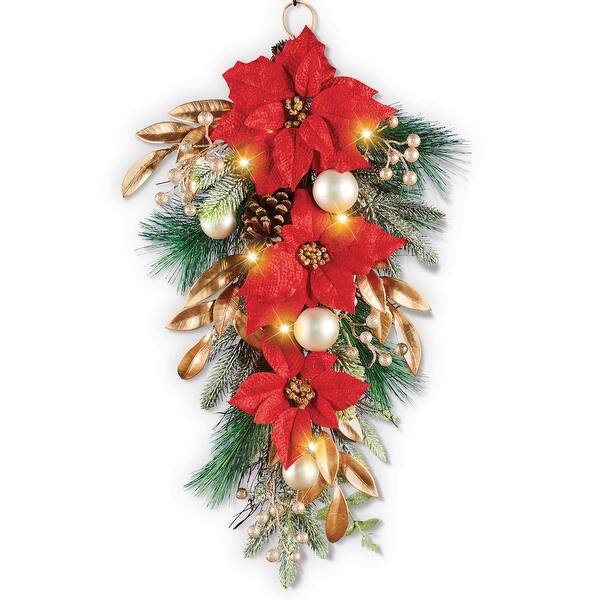 LED Lighted Poinsettia with Gold Leaves Swag - Red - 12 x 22 x 5 - On ...