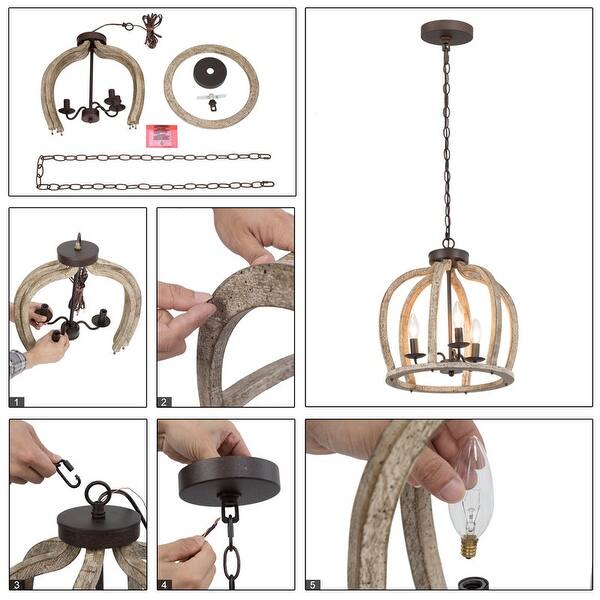 Modern Farmhouse 3-Light Antique Wood Cage Chandelier Lantern Globe Pendant Lights - D15'' x H76 ...