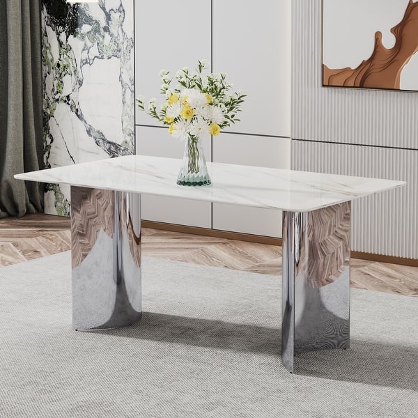 Dining Table.Marble Glass Sticker Desktop,Stainless Steel Legs - Bed ...