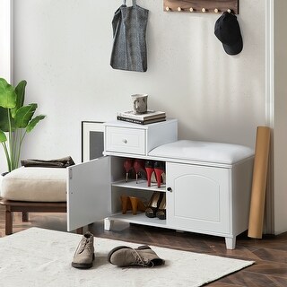 White Entryway Storage Bench with Drawer, Cushioned Seat, Adjustable ...