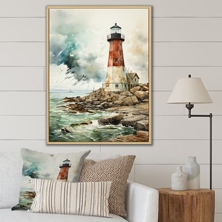 Designart "Vintage Lighthouses Guiding Light V" Lighthouses Framed Wall ...
