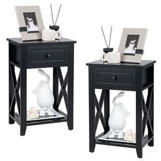 Gymax Set of 2 Nightstand Sofa Side End Table X-Design w/ Shelf Drawer ...