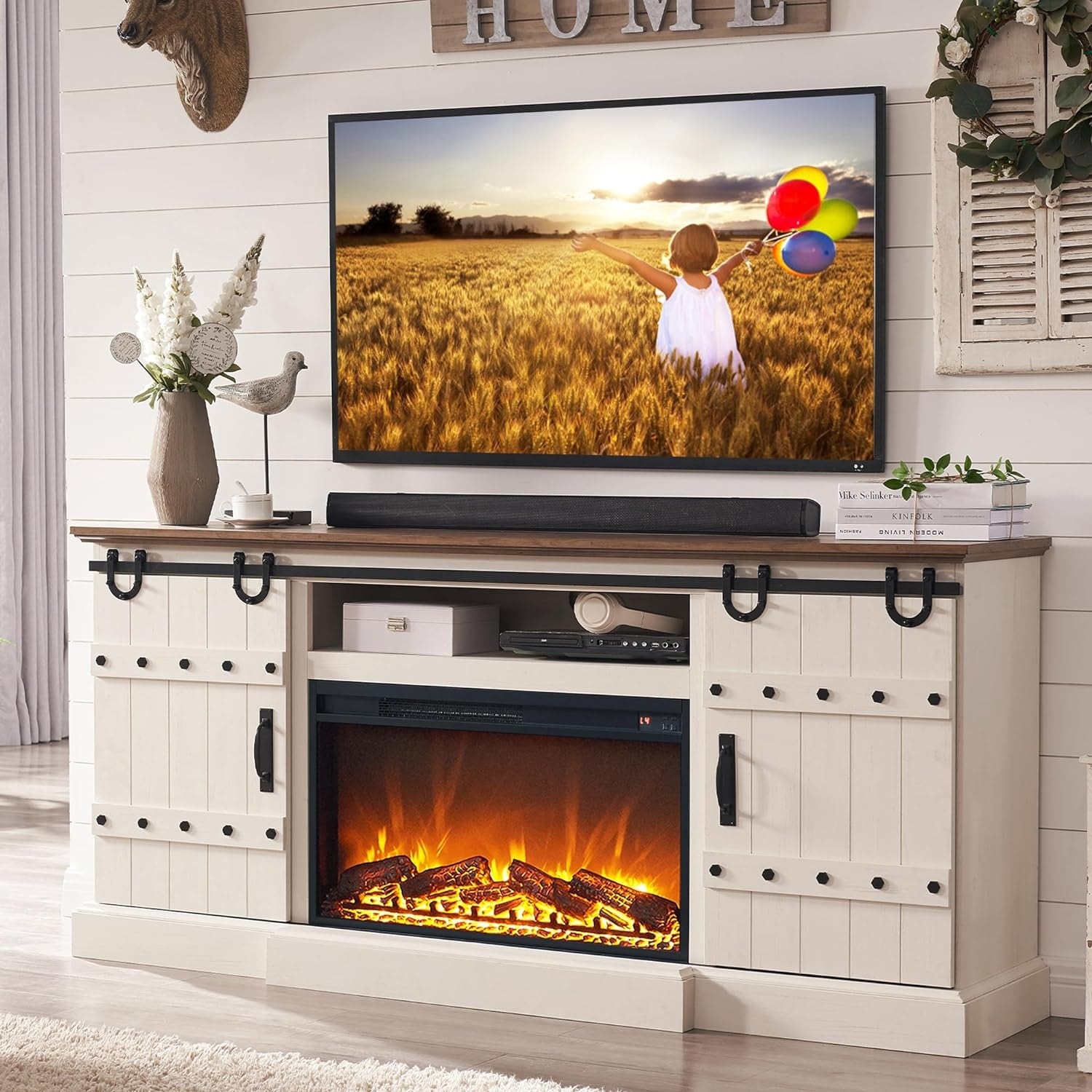 Entertainment center with fireplace and sliding barn doors store