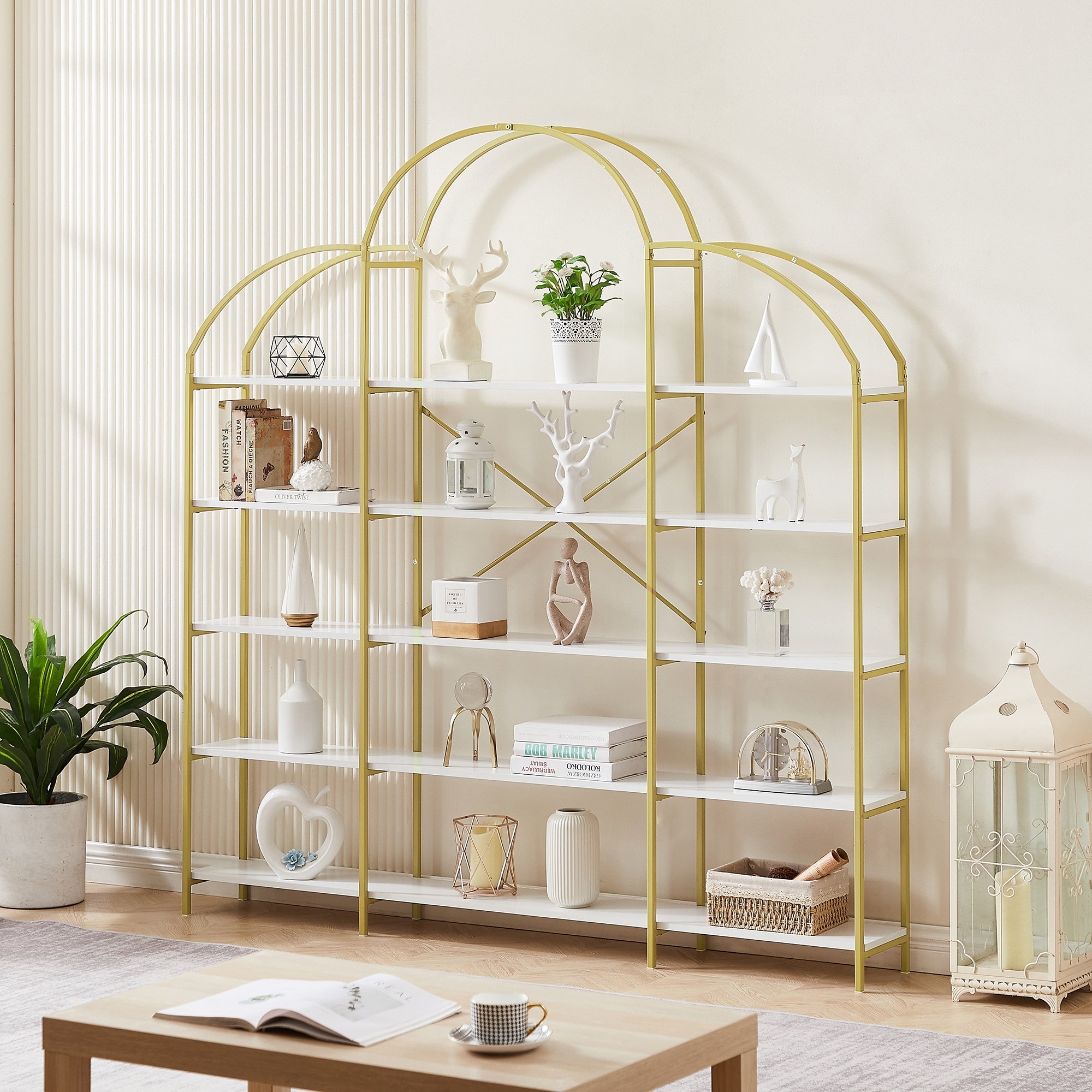 5 Tiers Office Bookshelf,Display Shelf with Round Top,X Bar Gold Frame ...