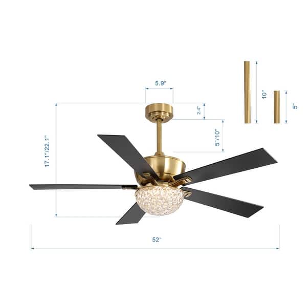 52" 5 Reversible Blade Gold Chandelier Crystal Lighting Ceiling Fan ...