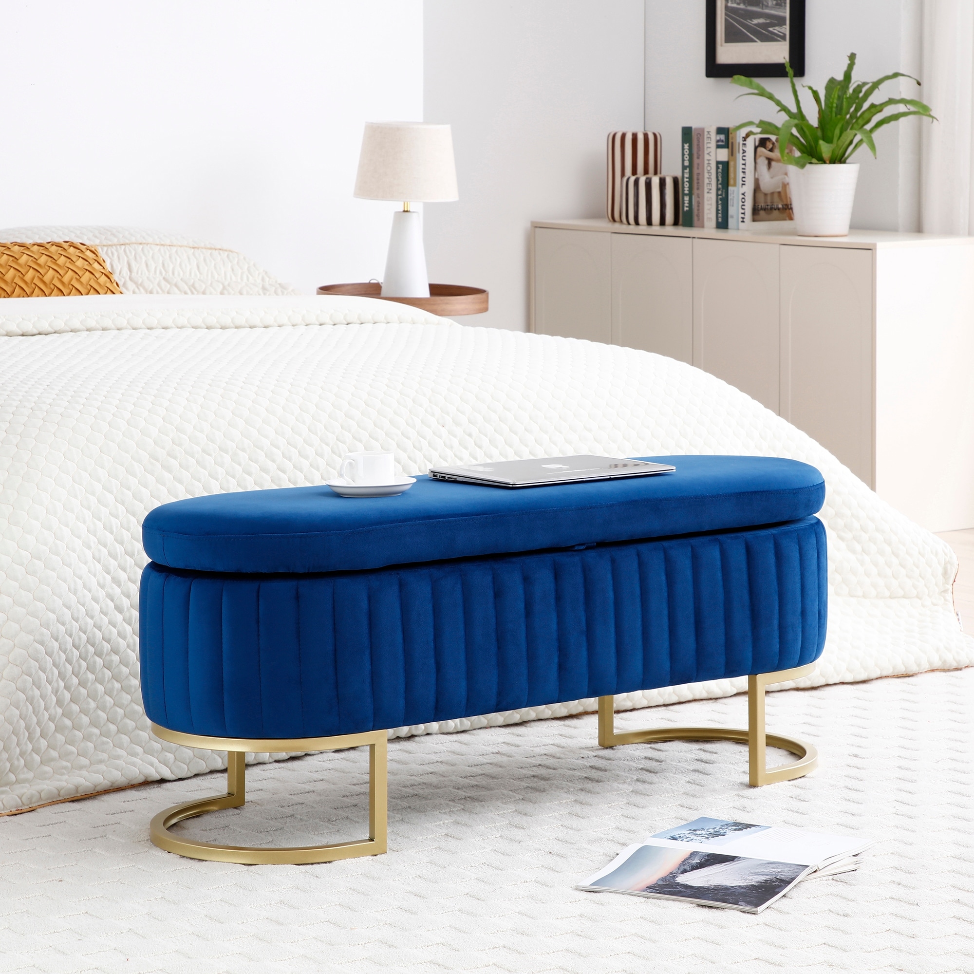 Blue velvet ottoman storage store