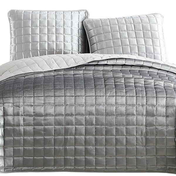 3 Piece King Size Coverlet Set with Stitched Square Pattern, Silver ...