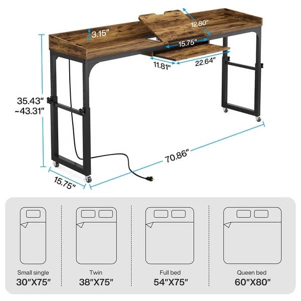Overbed Table Adjustable Height, Mobile Over Bed Desk with Adjustable ...