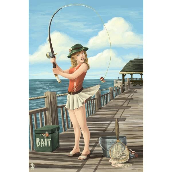 Pinup Girl Fishing on Ocean - LP Artwork (100% Cotton Towel Absorbent ...