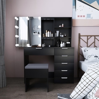 Dressing Table with 6 Drawers, 2 Shelves and 1 Mirror Cabinet - Bed ...