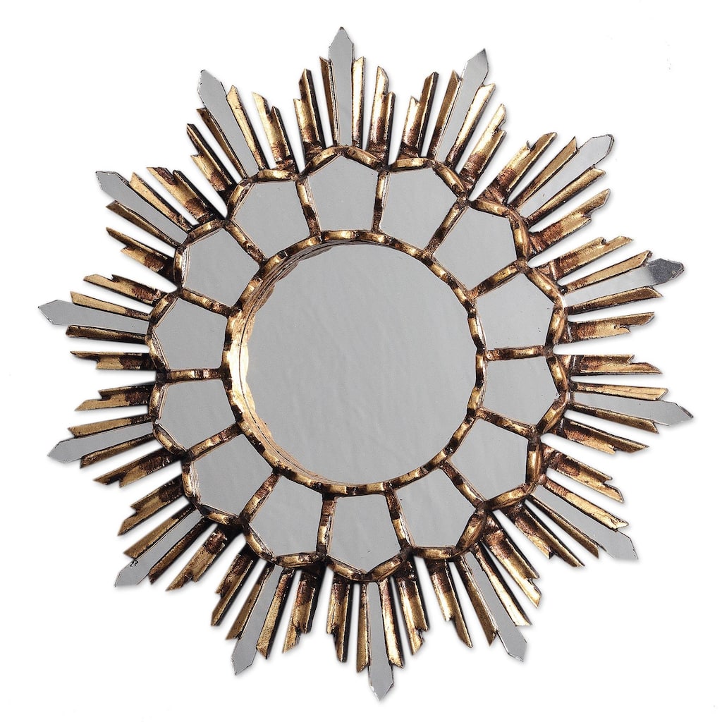 Handmade Shiny Sun Bronze gilded cedar wood wall mirror (Peru) - 1.2" H ...