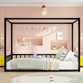 Modern Low-Profile Twin Size Iron Frame Floor Bed with Fence-Style ...