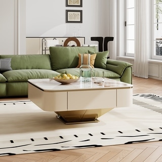 Modern 35" Square Coffee Table, Glossy Sintered Stone Tabletop, Gold ...