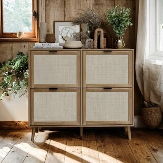 Freestanding Rattan 4-Doors Shoe Rack, Modern Shoe Storage Cabinet, for ...
