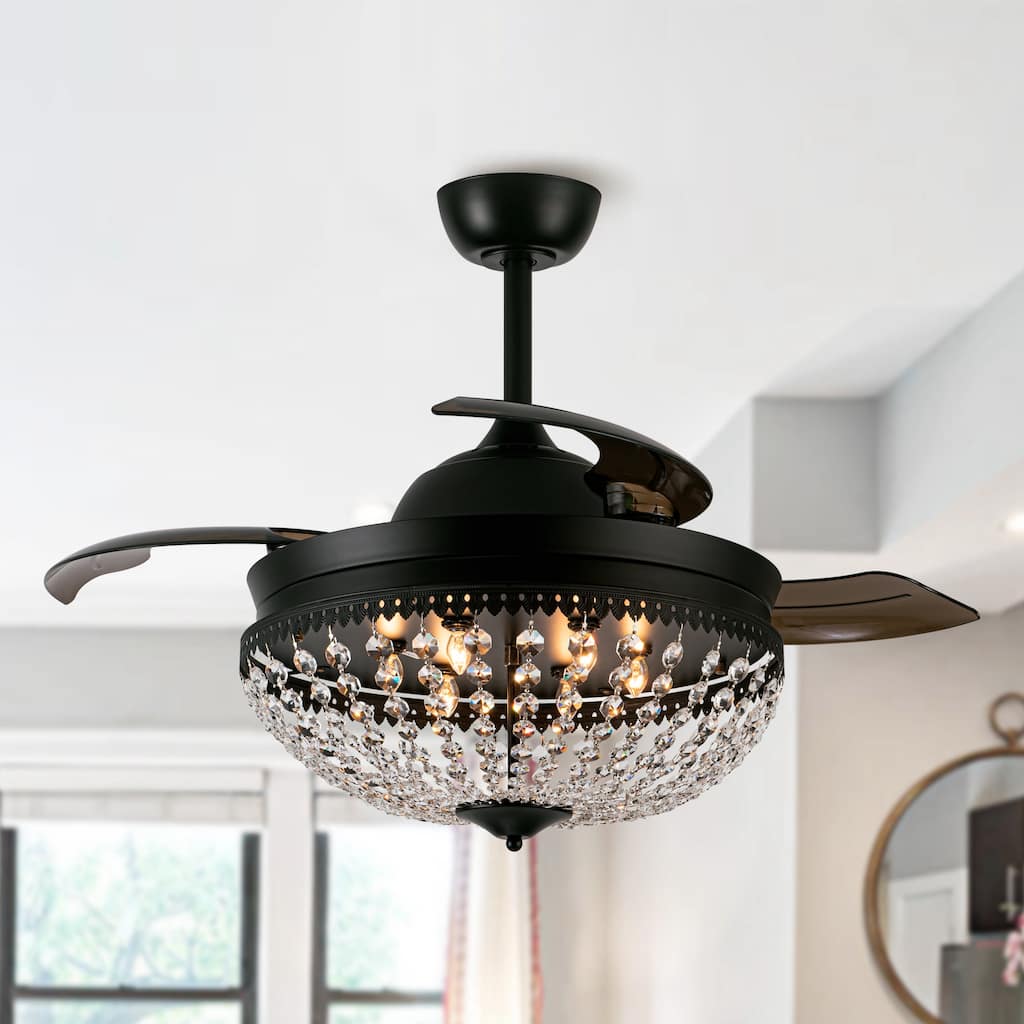 42" Black Retractable 3-Blade Crystal Chandelier Ceiling Fan with ...