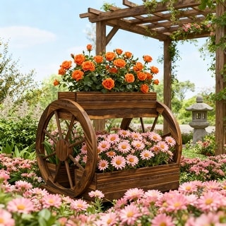 3-Piece Wooden Raised Garden Bed with Country Wagon Wheel Design - Bed ...