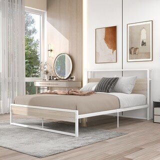 White Queen Size Metal Bed Frame - Sockets, USB Ports, Large Storage ...