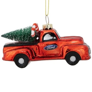 4" Red Vintage Ford Truck with Frosted Tree Glass Christmas Ornament ...