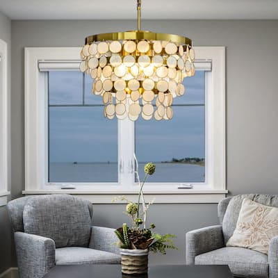 4-Light Round Coastal Capiz Shells Tiered Chandelier With Antique Gold ...
