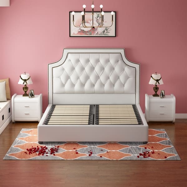 Bed Frame with Button Tufted Headboard and Wooden Slat Support - Bed ...