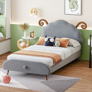 Velvet Upholstered Platform Bed with Sheep-Shaped Headboard, Kids Girls ...