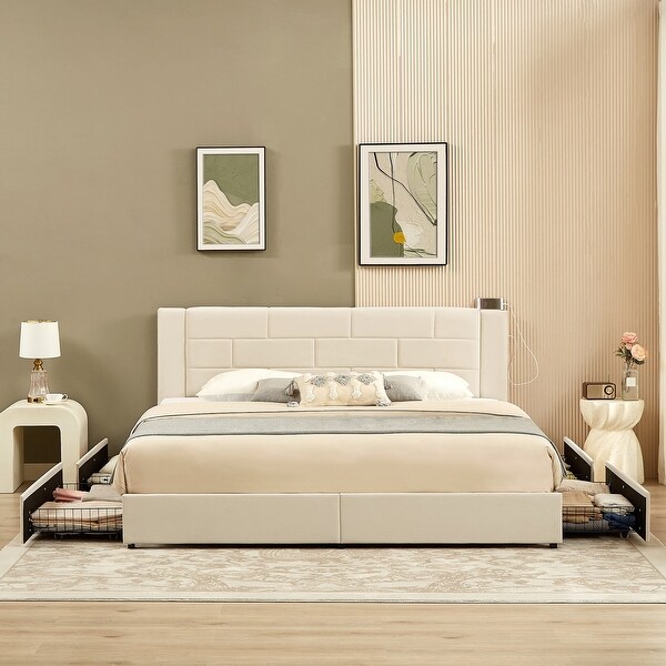 VECELO Upholstered Storage Bed Frame with 2 Side USB Ports and 4 Big Space Drawers Velvet Headboard and Charging Station Ports On Sale Bed Bath Beyond 39910779
