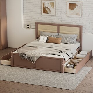 Full Size Wood Storage Platform Bed with 4 Drawers and Rattan Headboard ...