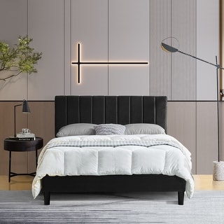 Black Queen Platform Bed Frame with Upholstered Headboard Slat Support ...